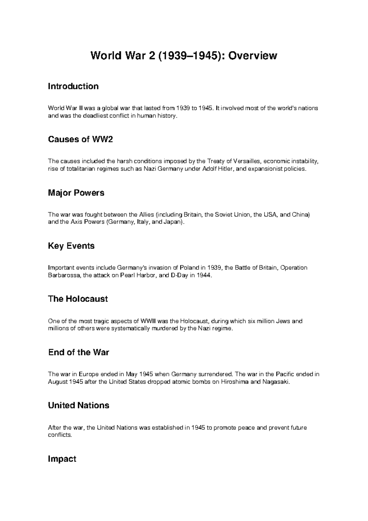 WW2 Overview - Key Notes and Events Analysis - Studocu