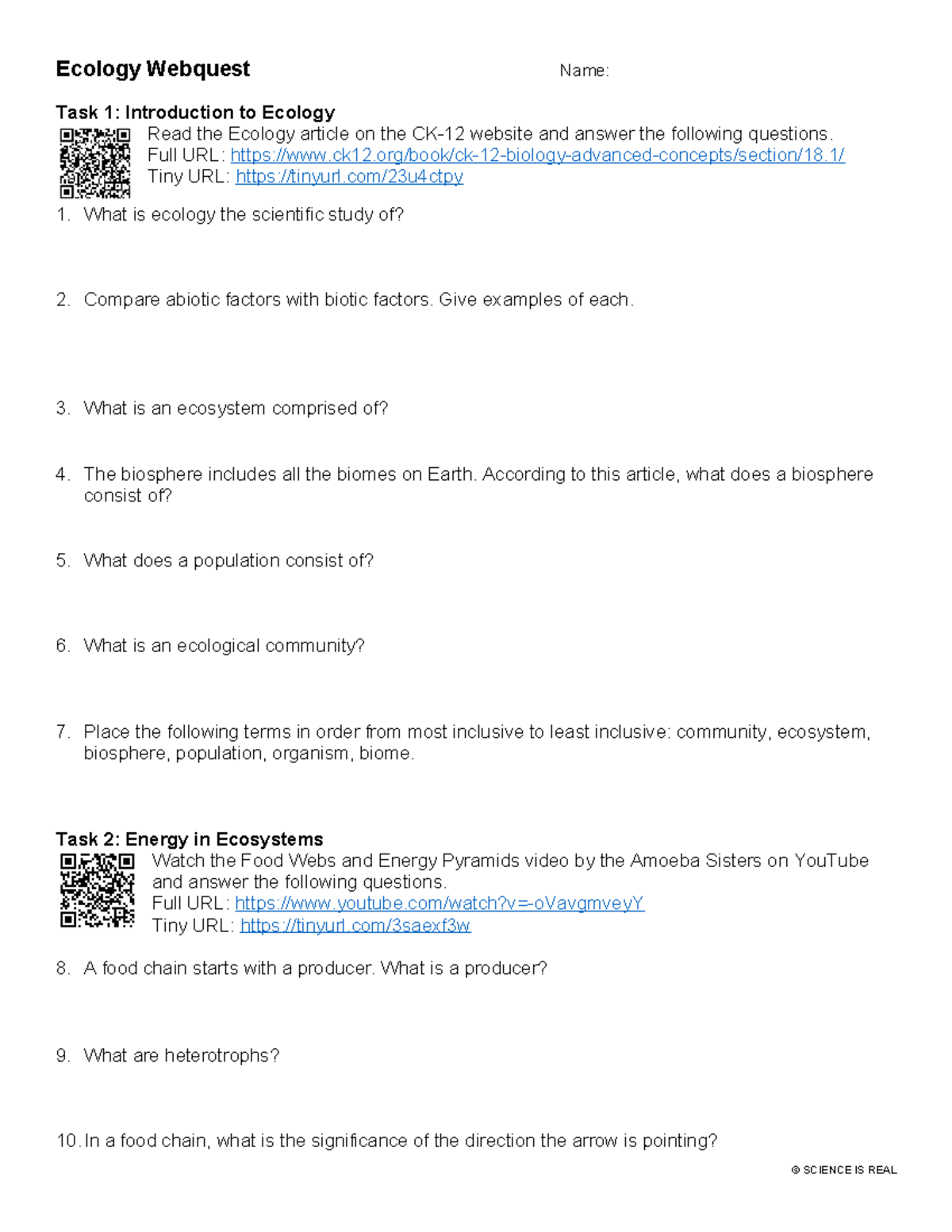 Ecology Webquest: Understanding Ecosystems and Energy Relationships ...