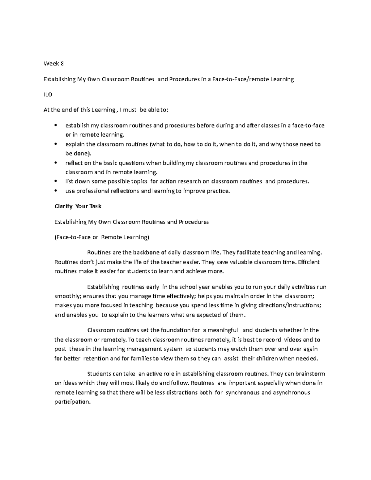 Week 8 - My Classroom Routines & Procedures (Face-to-Face/Remote ...