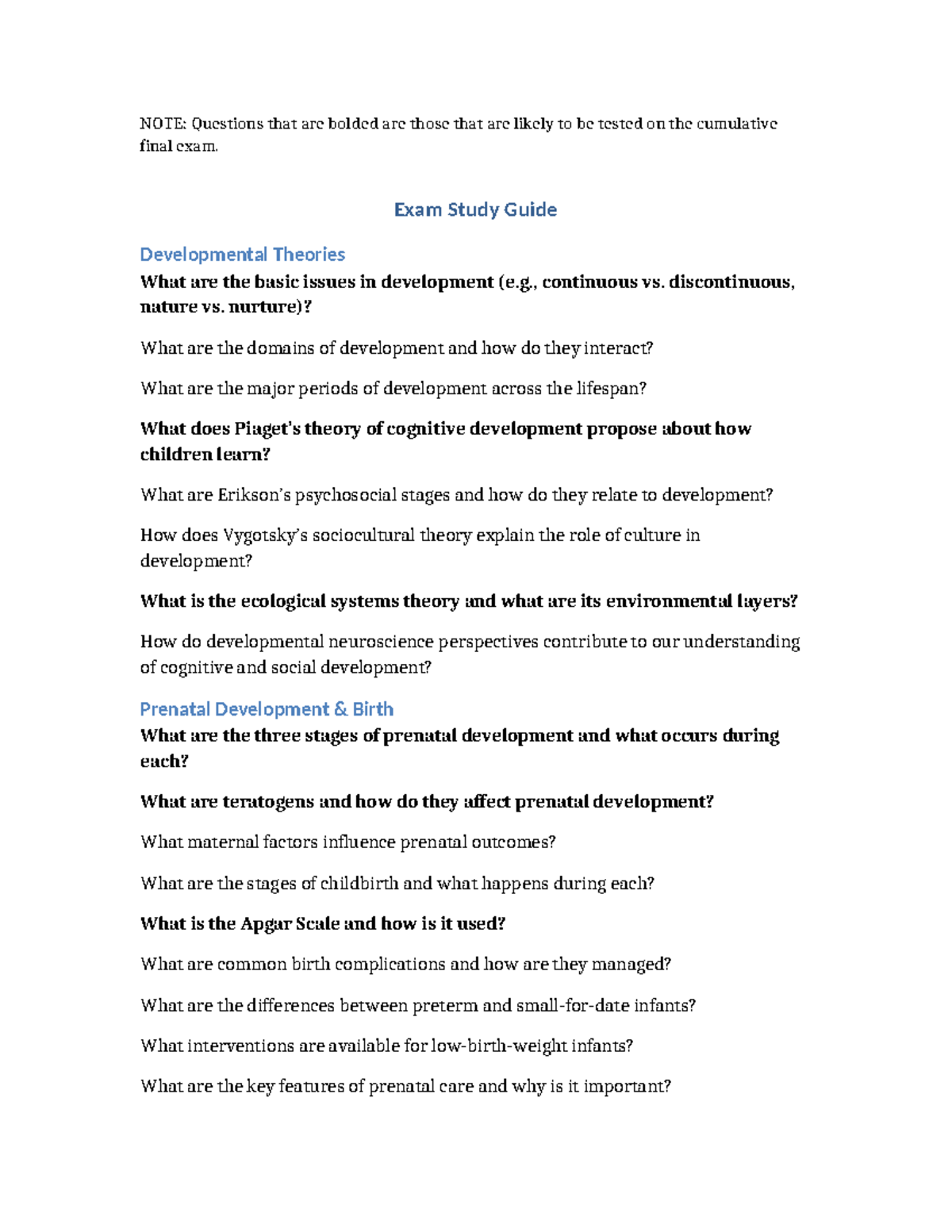 Developmental Psychology Final Exam Study Guide (PSY 101) - Studocu