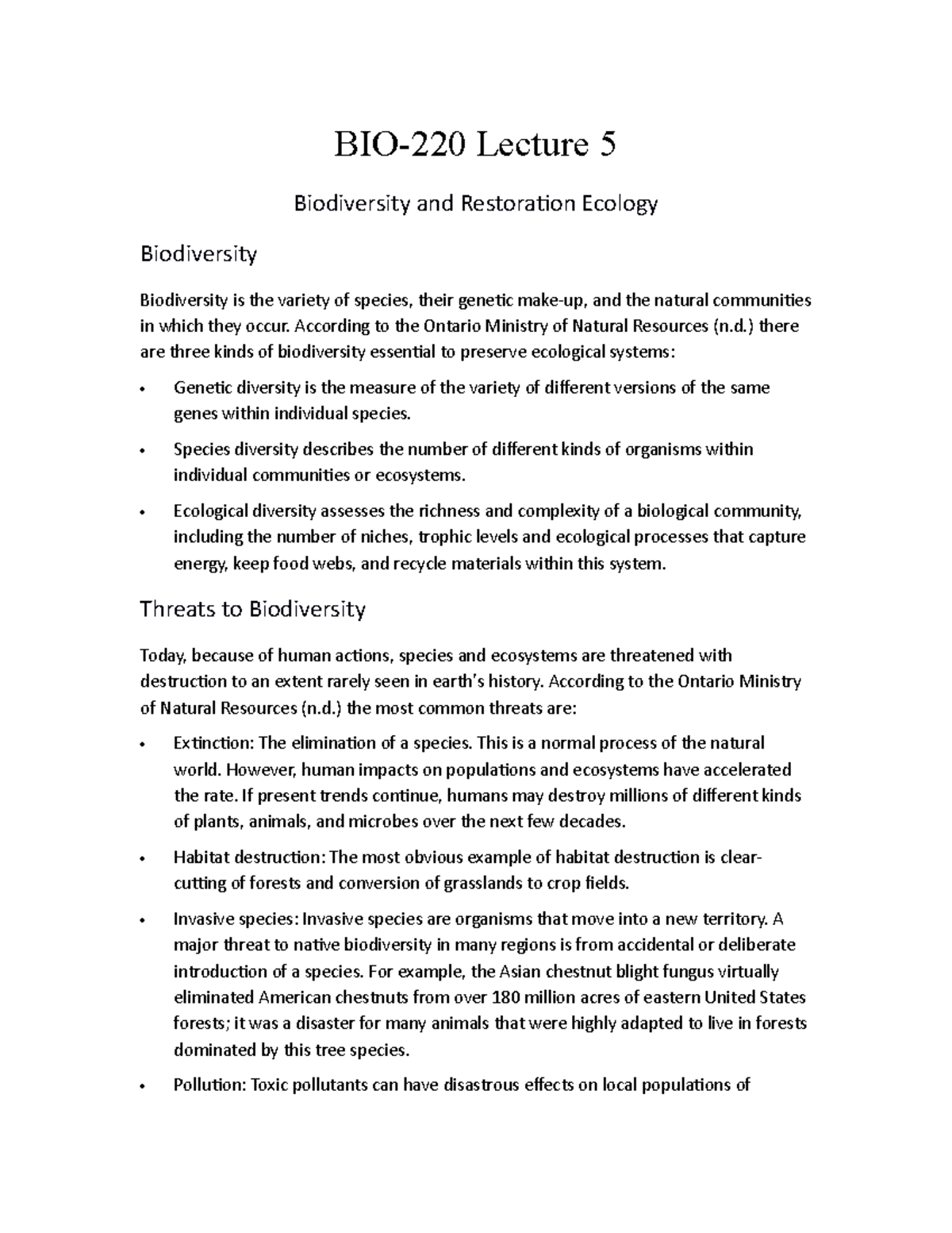 Lecture Notes for Topic 5 Assignments - BIO-220 Lecture 5 Biodiversity ...