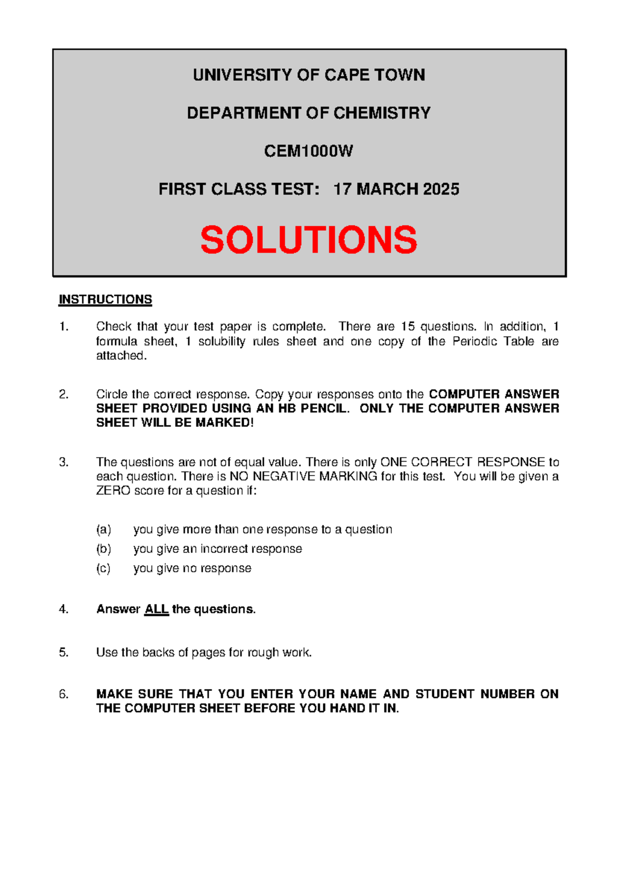 CEM1000W First Class Test Solutions - 17 March 2025 - Studocu