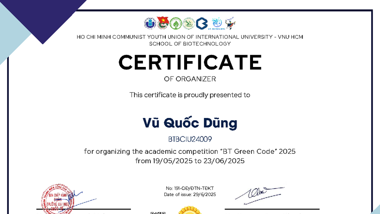Vũ Quốc Dũng BTC Cuộc thi học thuật “BT Green Code” 2025 - CERTIFICATE ...