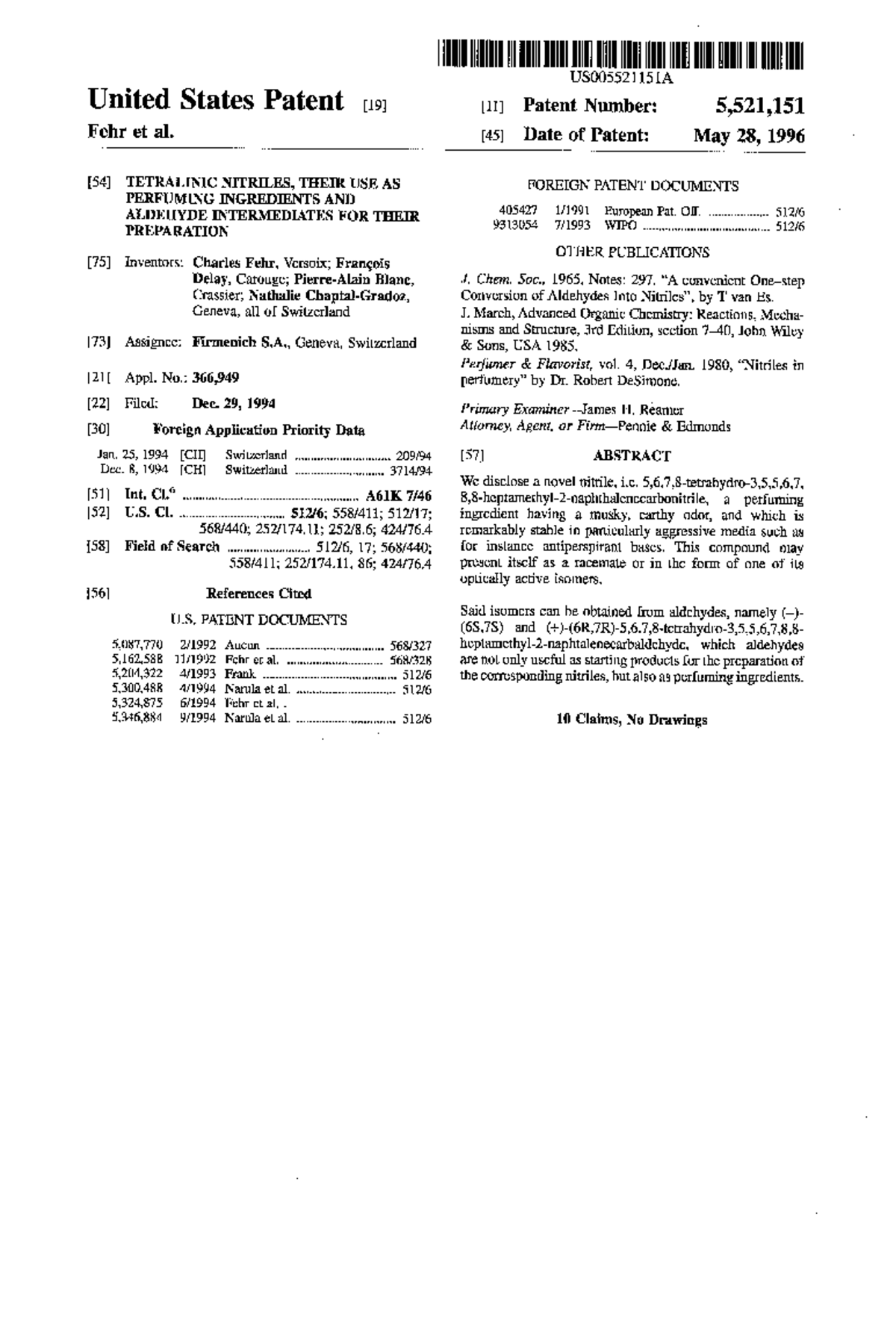 US5521151 - Tetraline Nitriles: Novel Perfumery Compounds Analysis ...
