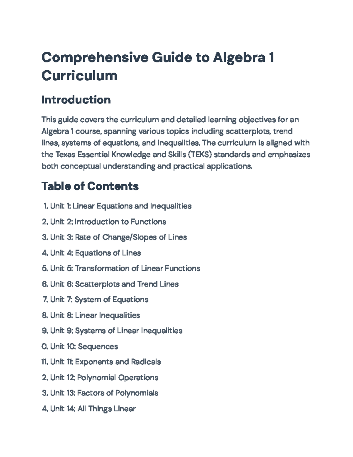 Comprehensive Algebra 1 Curriculum Guide (TEKS ALGI) - Comprehensive ...