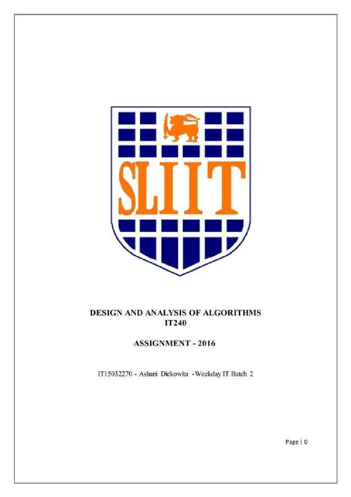 IT240 Design and Analysis of Algorithms Assignment 2016 - Studocu
