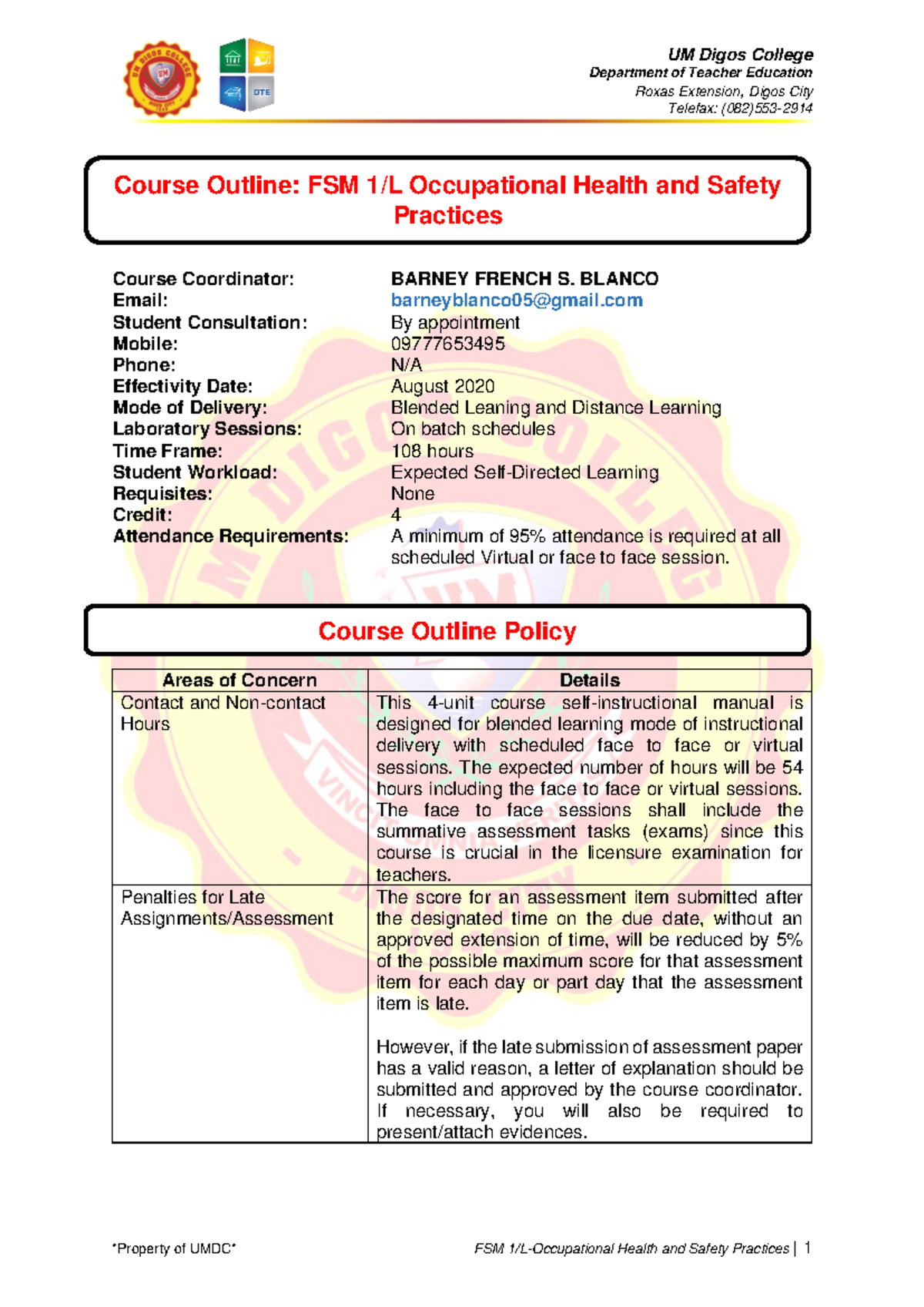 FSM 1L Occupational Health & Safety Practices Course Outline - Studocu