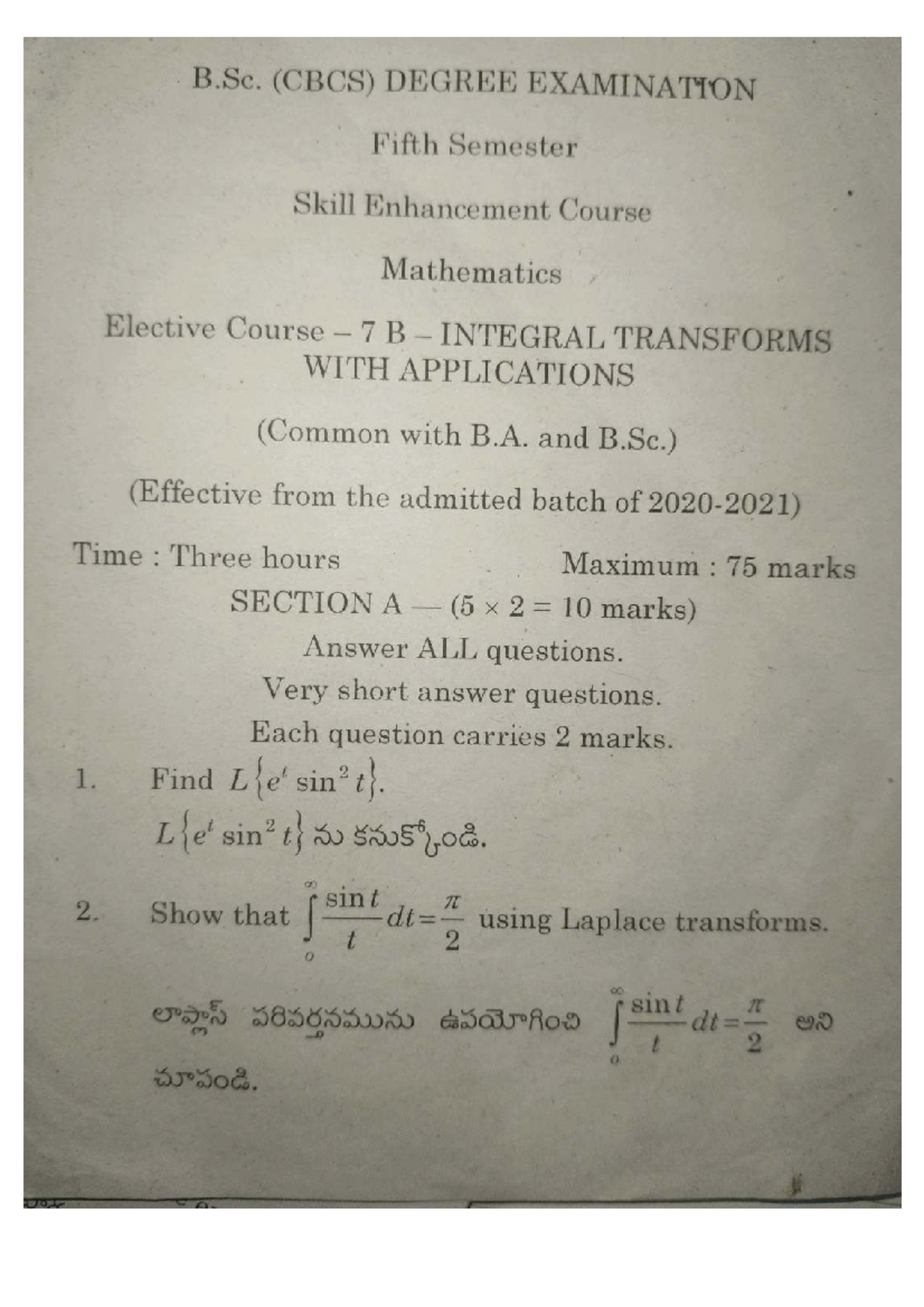 5TH Sem B.Sc. (CBCS) - Integral Transforms with Applications Exam - Studocu