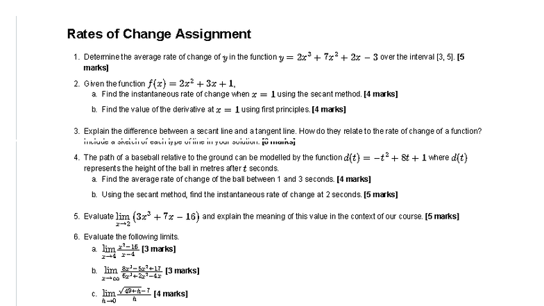 Rates of Change Assignment 1: Average and Instantaneous Rates - Studocu