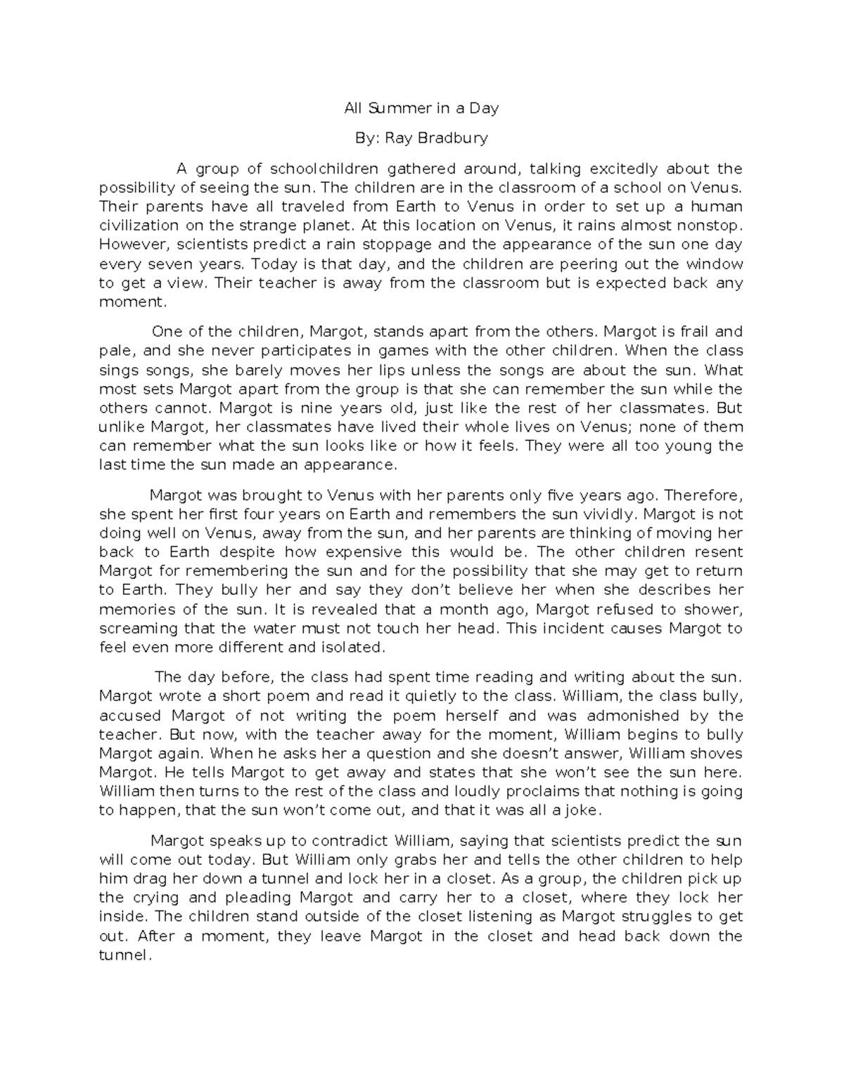 All Summer in a Day (ENG 101) - Summary of Ray Bradbury's Story - Studocu