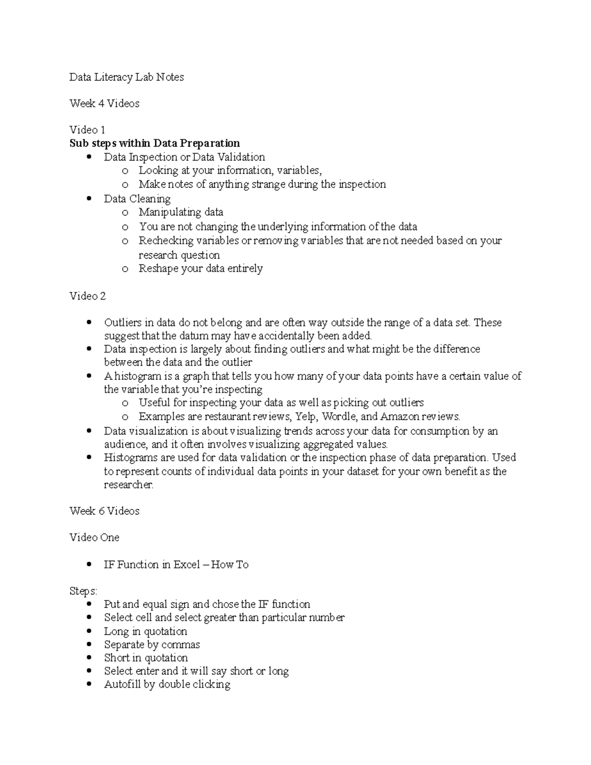 Data Literacy Lab Notes: Weeks 4 to 8 Overview and Insights - Studocu