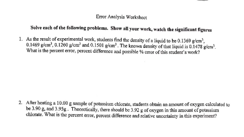 Error Analysis Worksheet: Percent Error & Uncertainty Calculations ...
