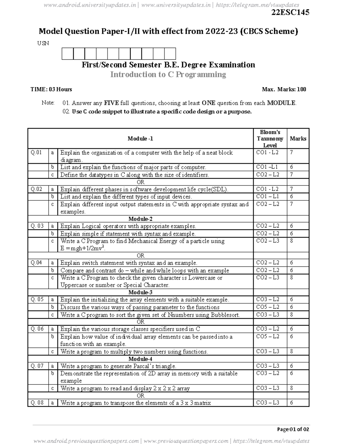 22ESC145 Model Question Paper for C Programming (CBCS Scheme) - Studocu