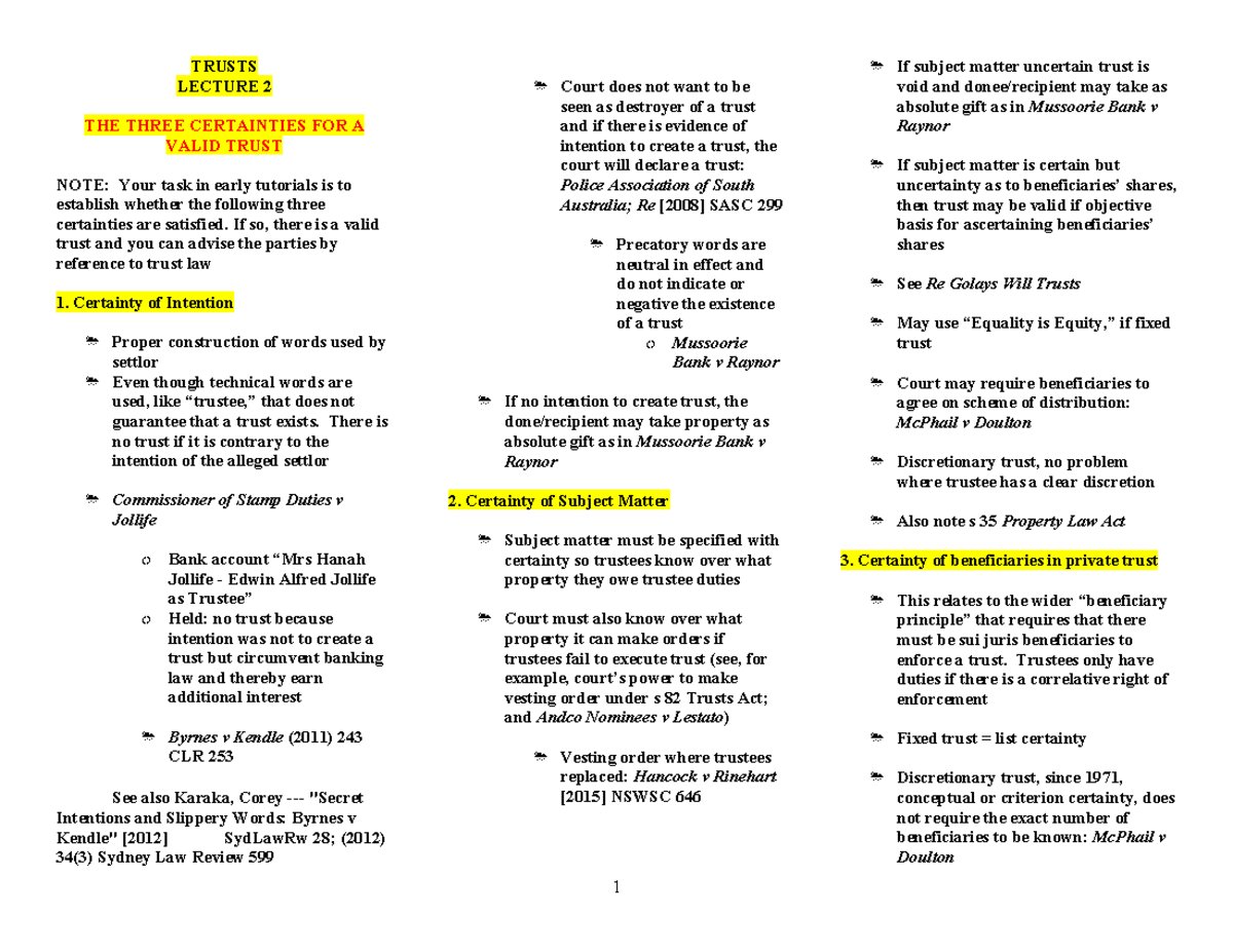 Trusts lecture 2 - WEEK 2 - TRUSTS LECTURE 2 THE THREE CERTAINTIES FOR A VALID TRUST NOTE: Your ...