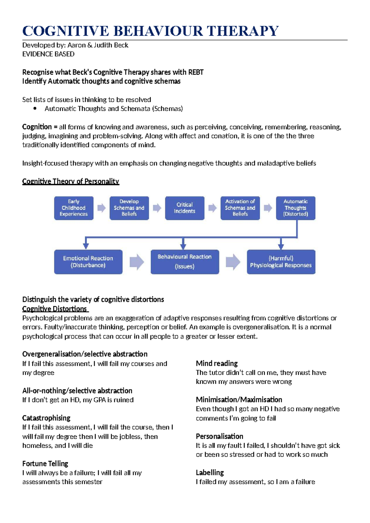 Cognitive Therapy - COGNITIVE BEHAVIOUR THERAPY Lecture Notes - Studocu
