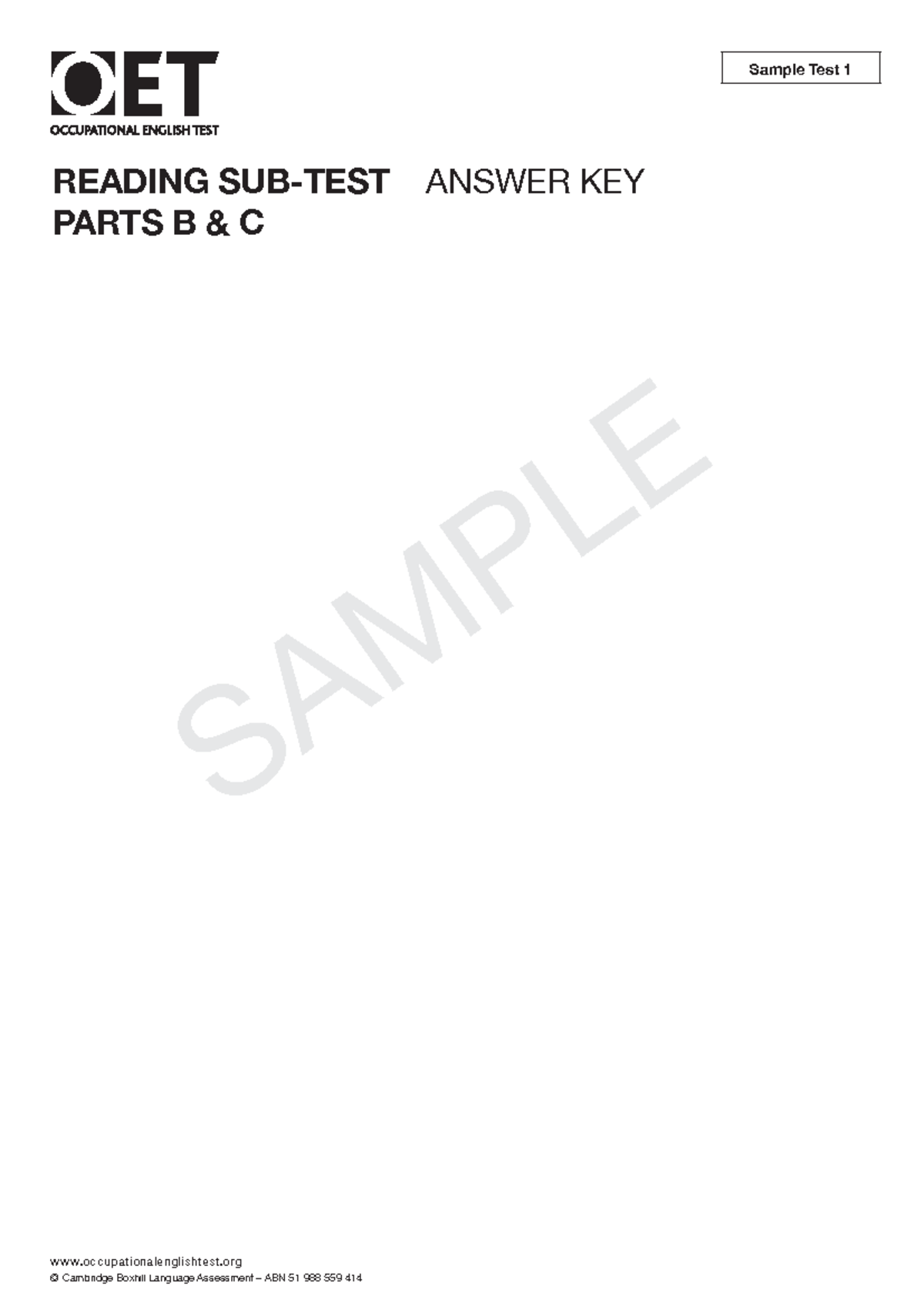 Reading Sample Test 1 Answer Key for Parts B & C - Studocu