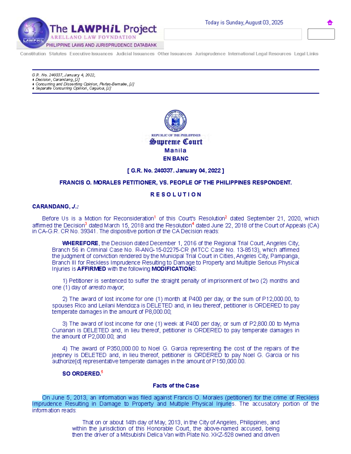 G.R. No. 240337: Reckless Imprudence Resulting in Multiple Injuries and ...