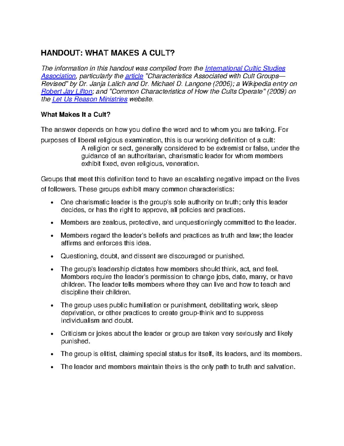 CULTS HANDOUT: CHARACTERISTICS AND BEHAVIORS OF ABUSERS - Studocu