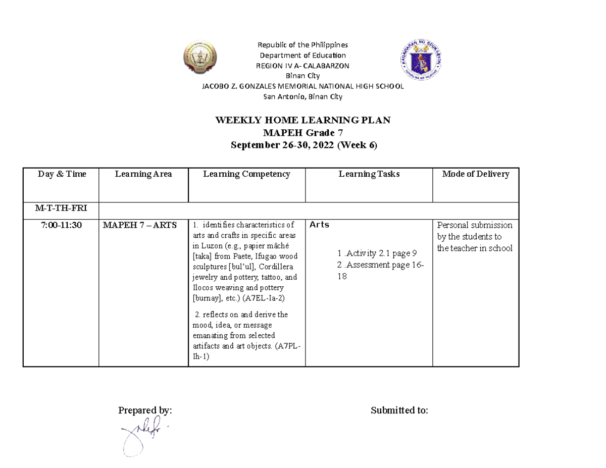 WHLP Q1 ARTS module 2 - WHLP for Mapeh 7 - Republic of the Philippines Department of Education ...