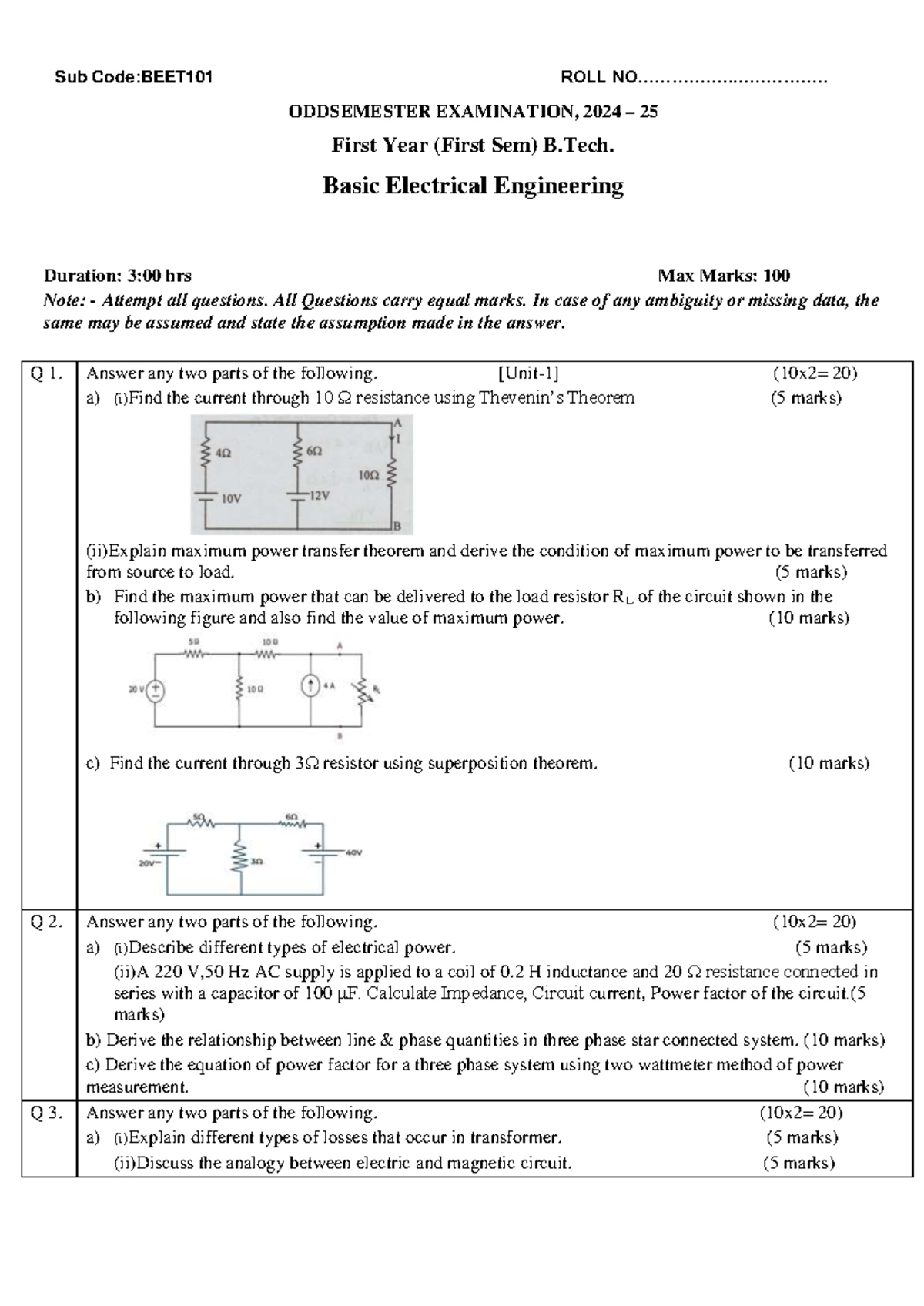 BEET101 Final Exam: Basic Electrical Engineering Odd Semester 2024 - Studocu
