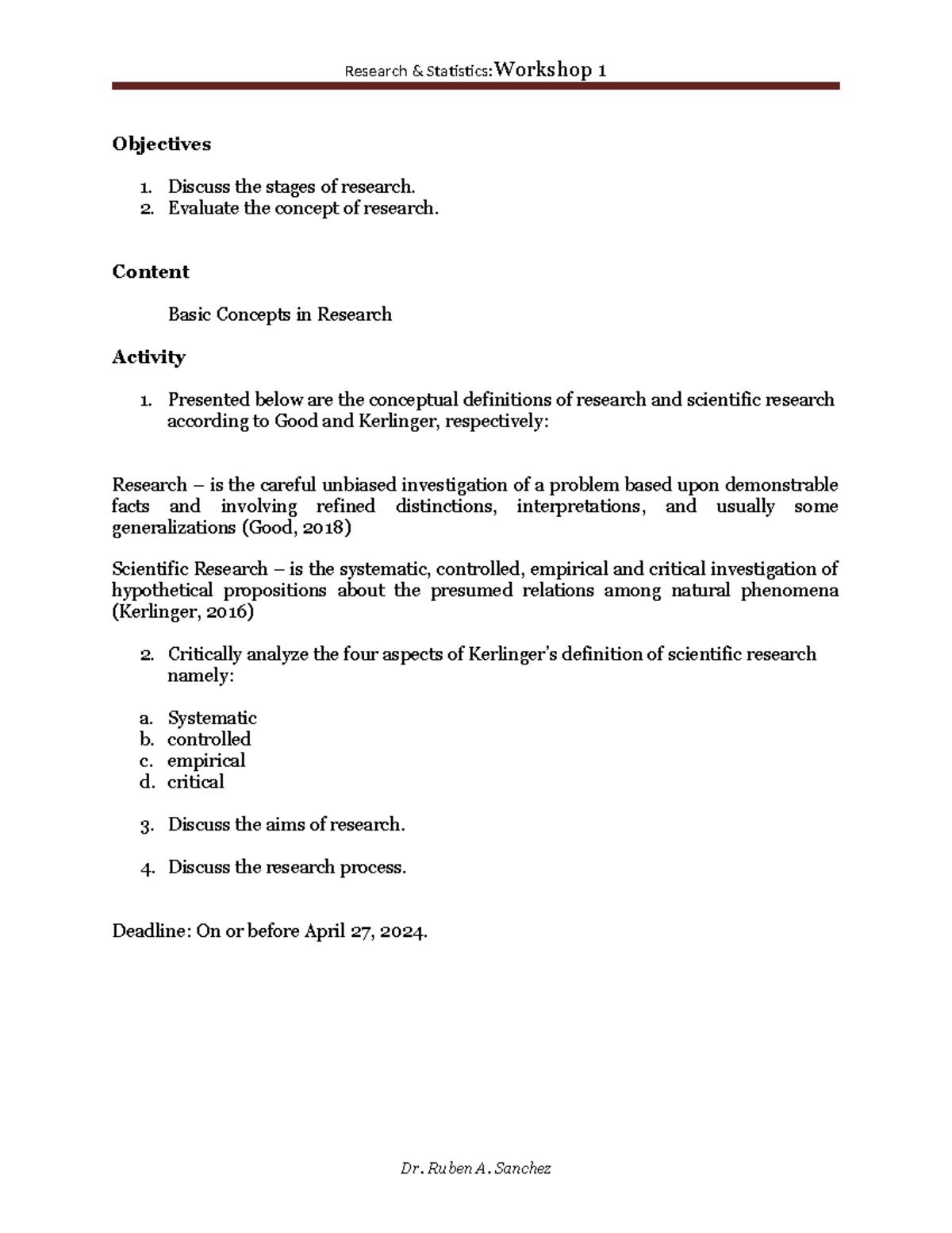 Workshop 1: Basic Concepts in Research & Statistics (RSH101) - Studocu