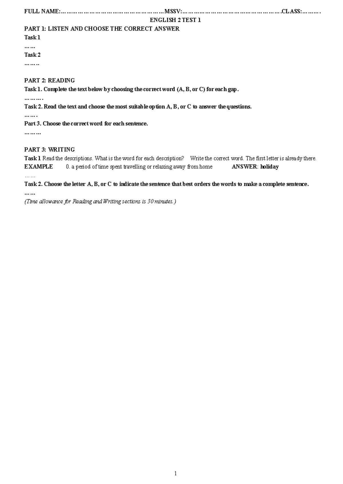 FULL ENGLISH 2 TEST 1: LISTENING, READING, & WRITING Tasks - Studocu