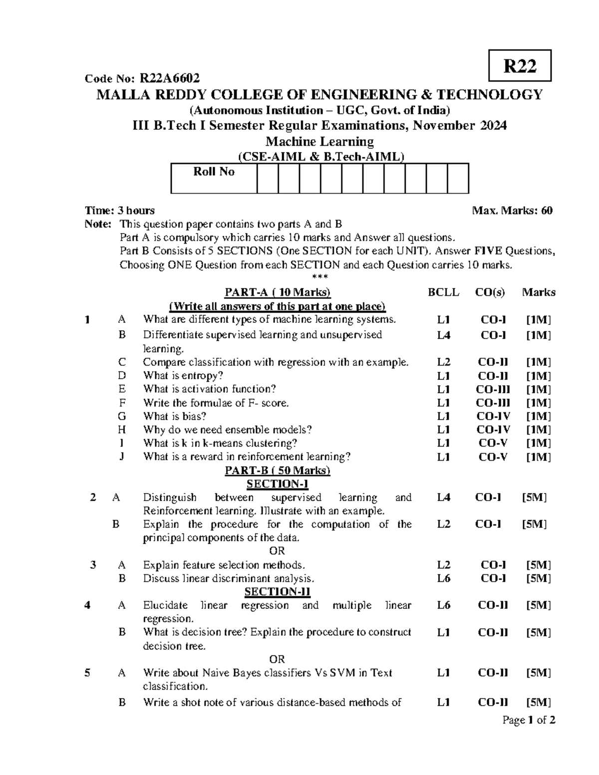 B.Tech I Sem Nov 2024 Exam: Machine Learning (R22A6602) - Studocu