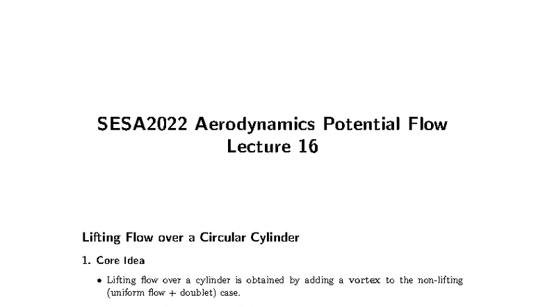 SESA2022 Aerodynamics Potential Flow: Lifting Flow Over a Cylinder ...
