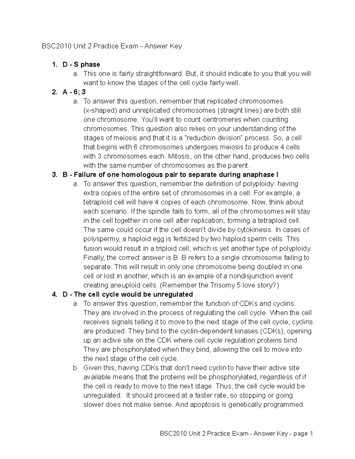 BSC2010 Unit 2 Practice Exam - Comprehensive Answer Key - Studocu