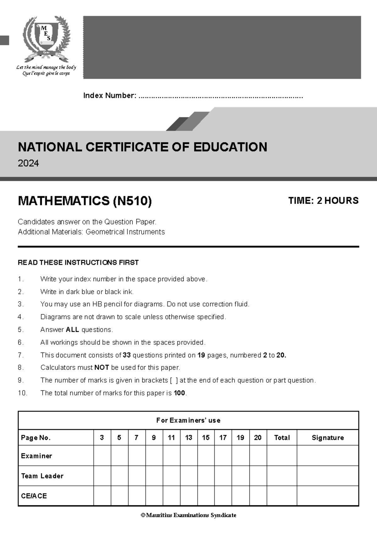 NCE-2024-Mathematics Final Exam Question Paper (N510) - Studocu