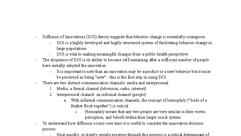 GPH 101 Chapter 11 Notes: Diffusion of Innovations Theory - Studocu
