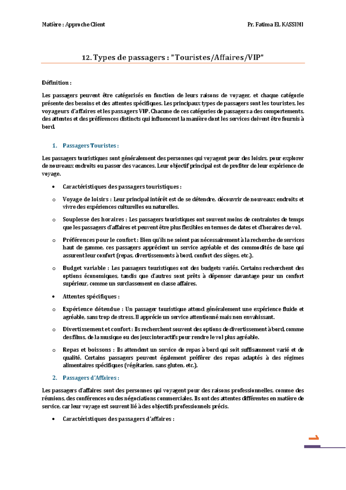 Approche Client Pr. Fatima EL KASSIMI : Types de Passagers (Touristes ...