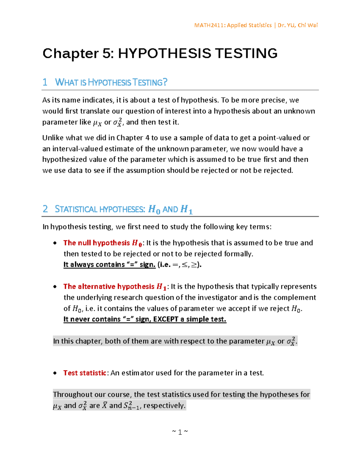 Chapter 5 - Hypothesis Testing Concepts in MATH2411: Applied Statistics ...