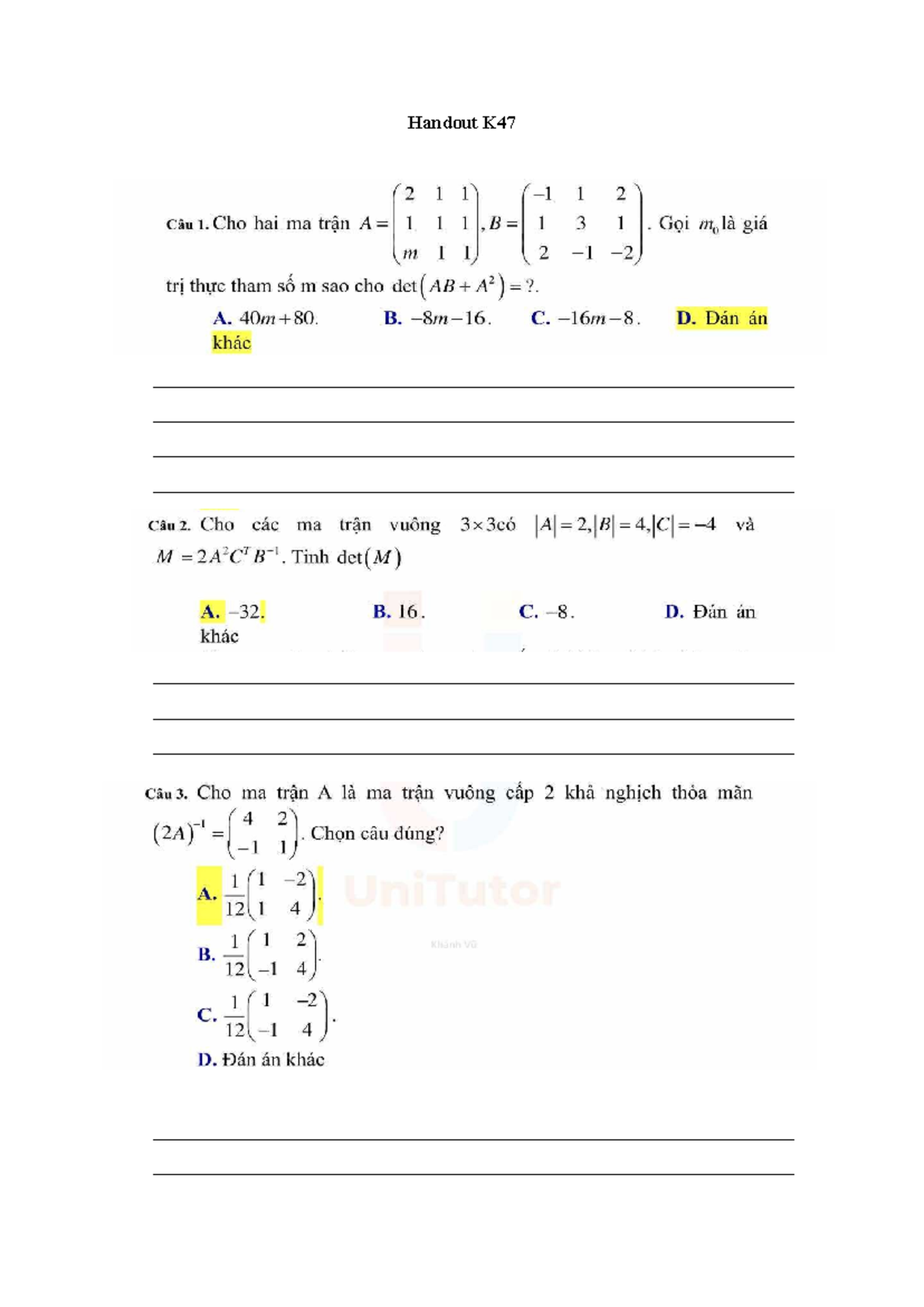 Final Test K49: Matrix and Function Analysis Questions - Studocu