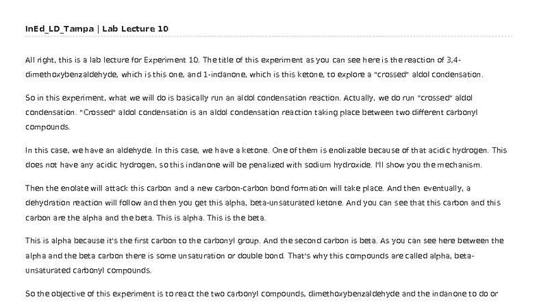 CHM2211L Lab Lecture 10: Aldol Condensation Experiment Overview - Studocu