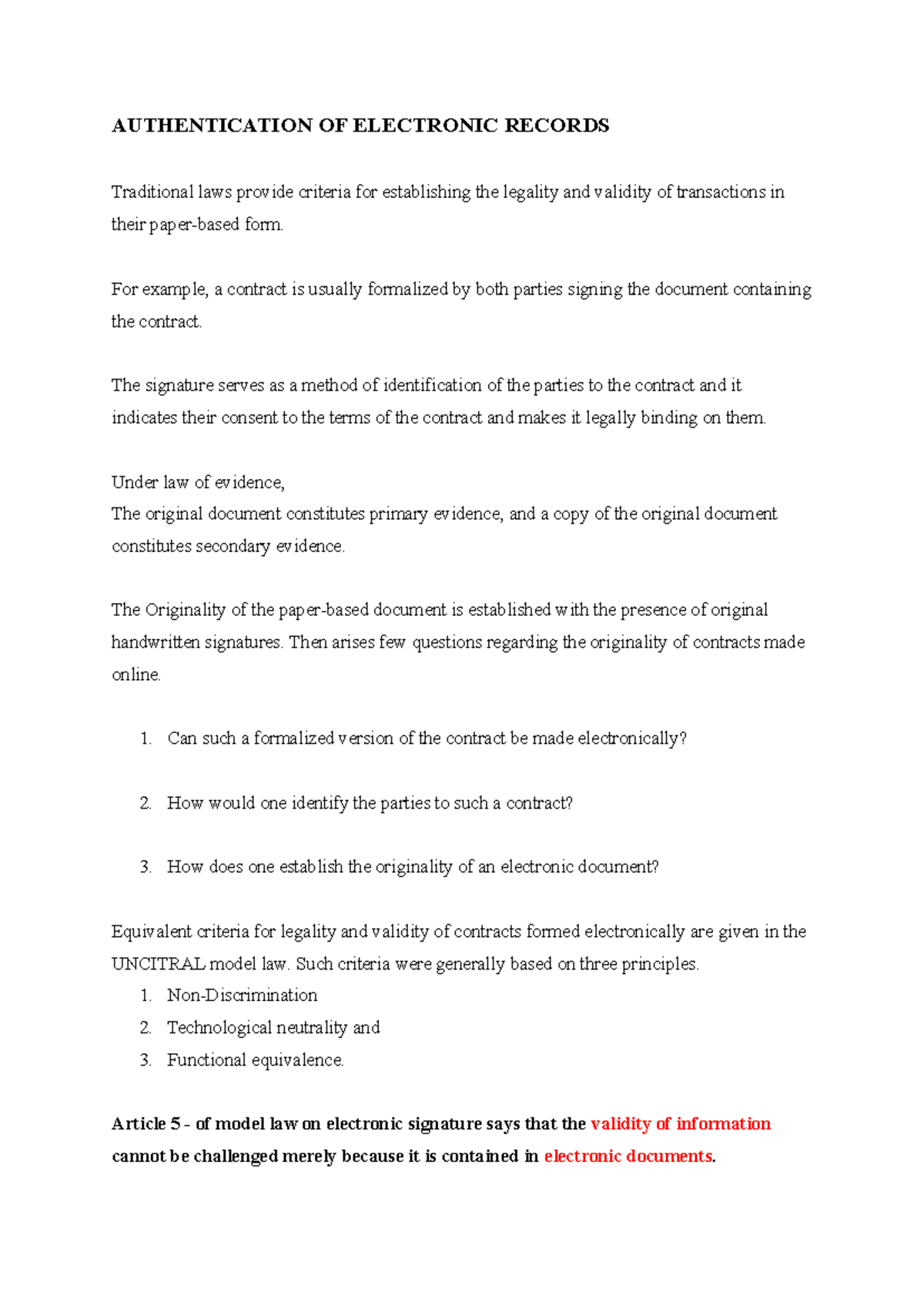Authentication of Electronic Records: Digital Signatures Overview - Studocu