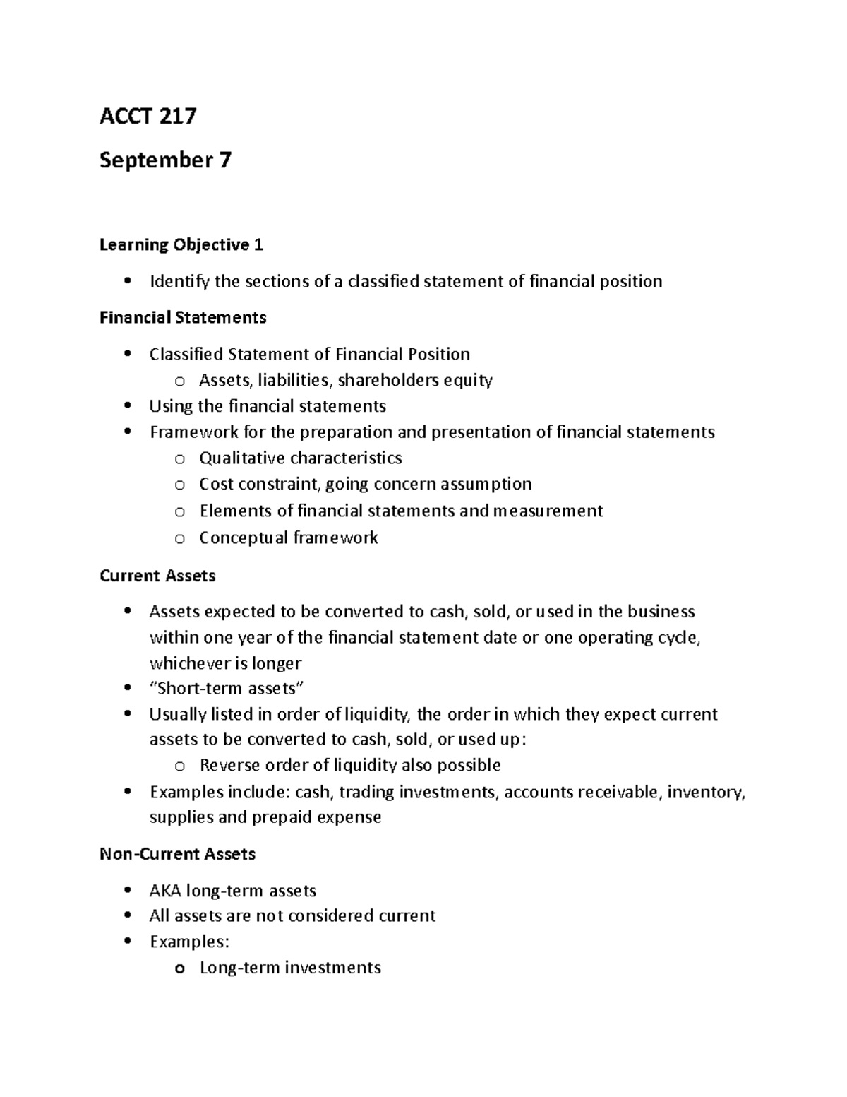 Lecture 2 Notes - ACCT 217 September 7 Learning Objective 1 Identify ...