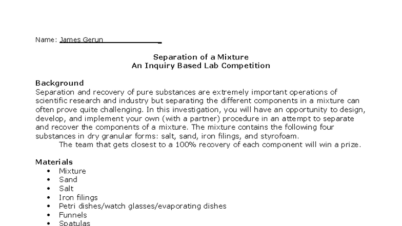 Chemistry Lab: Separation of a Mixture (Inquiry-Based) - Studocu