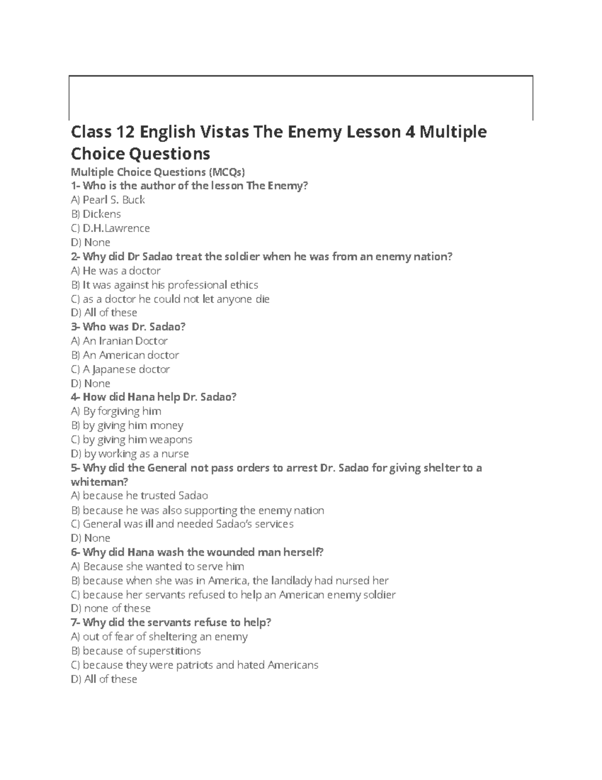 MCQs for Class XII English Vistas: The Enemy Lesson 4 Exam Preparation ...