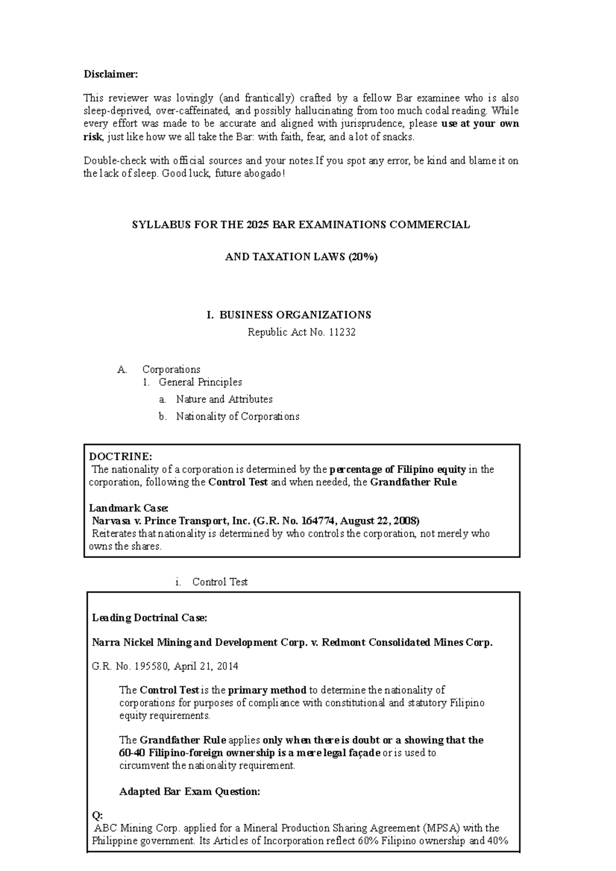 Commercial Law Syllabus for the 2025 Bar Examinations: Key Doctrines ...