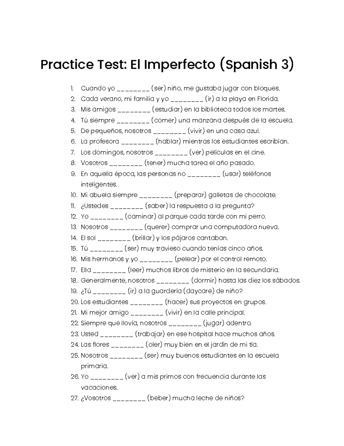 Practice Test: El Imperfecto (Spanish 3) - Studocu