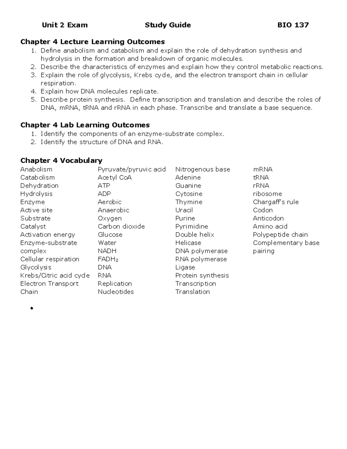 Unit 2 Exam Study Guide for BIO 137: Chapters 4-6 Overview - Unit 2 ...