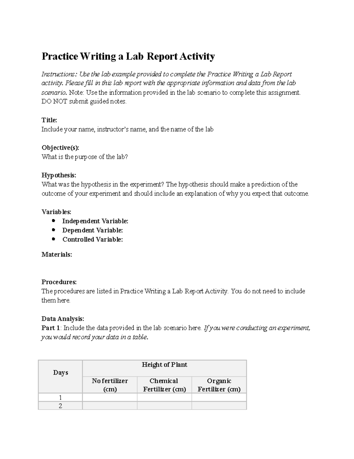 Lab Report Practice Activity: A Guide to Writing (BIO101) - Studocu
