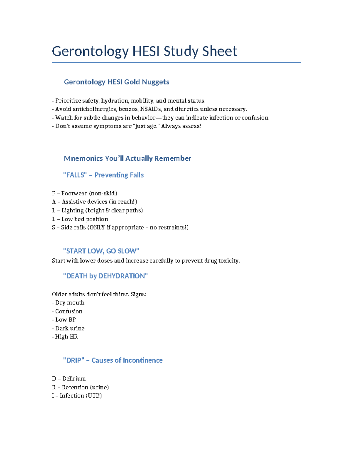 Gerontology HESI Study Sheet: Key Safety & Assessment Tips - Studocu
