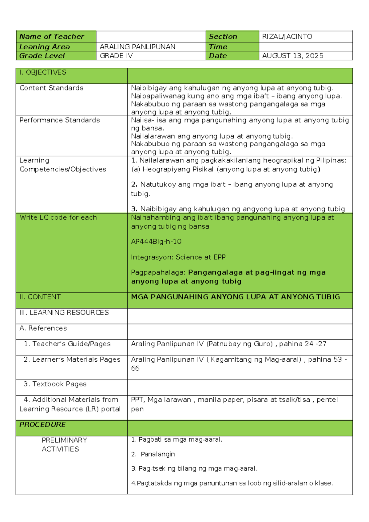 COT IN AP 4 Q1 W8 - Detailed Lesson Plan on Anyong Lupa at Anyong Tubig - Studocu
