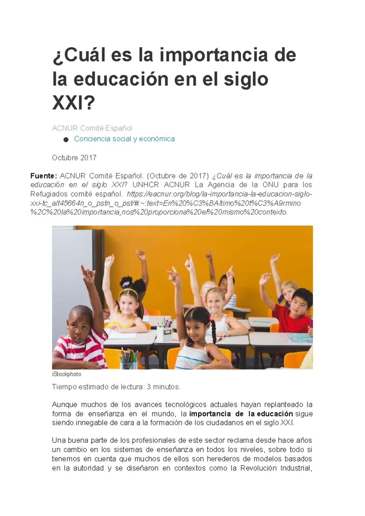 La Educación en el Siglo XXI: Importancia y Desafíos - ACNUR 2017 - Studocu