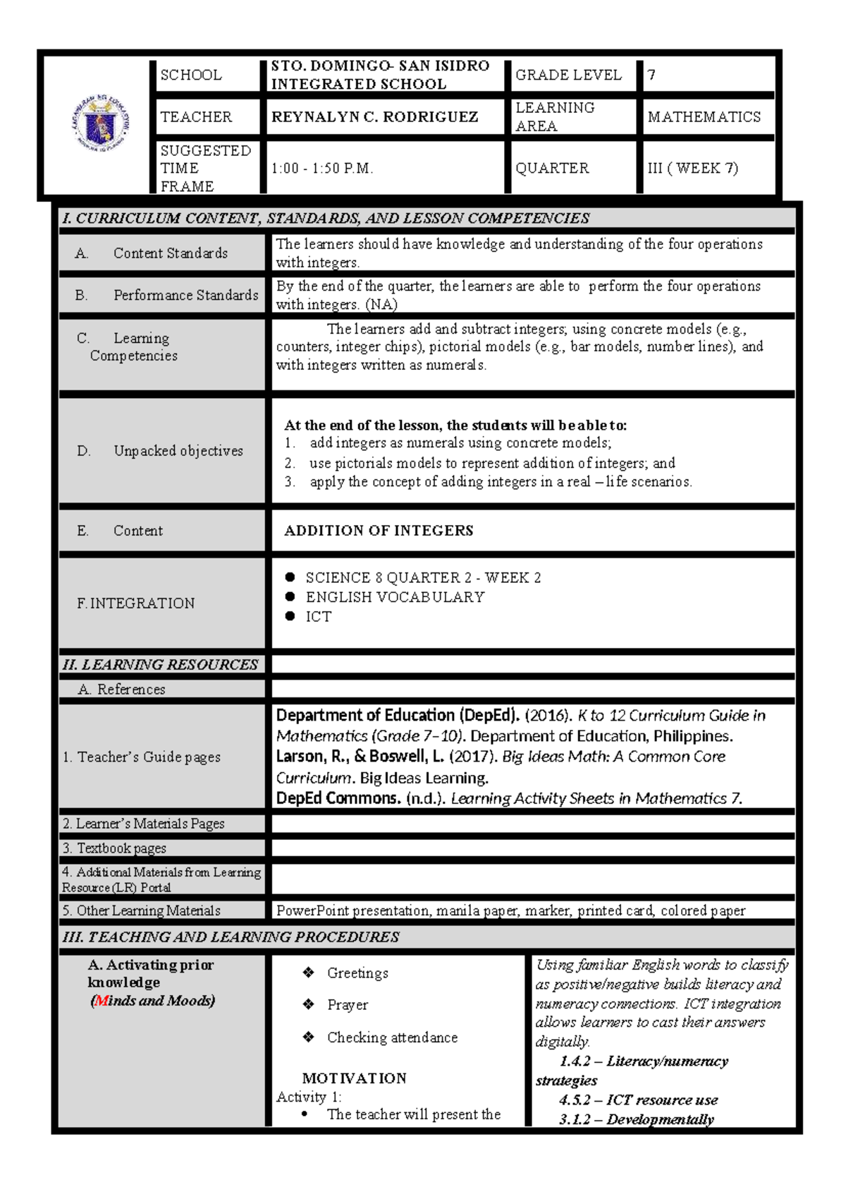 CO3-DLP Mathematics Lesson Plan: Adding Integers for Grade 7 - Studocu
