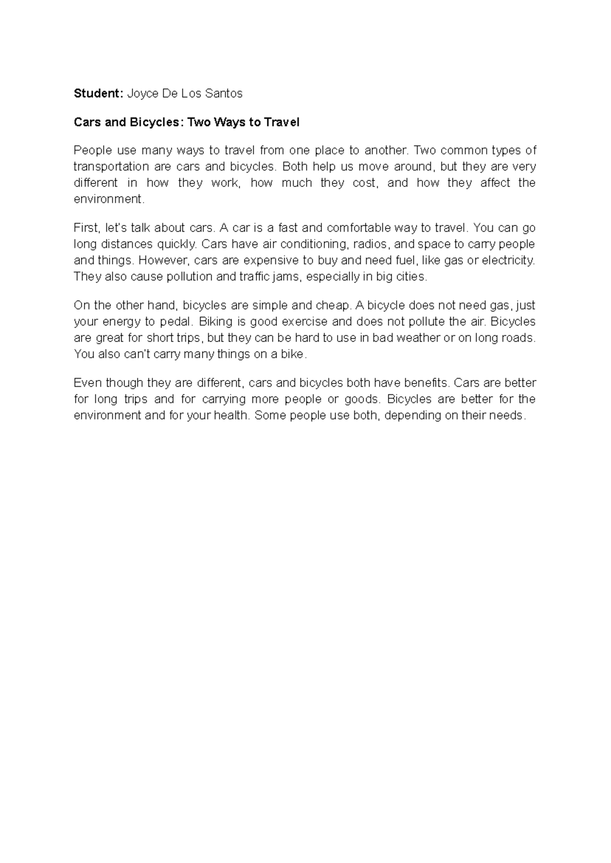 ENG 101 Essay: Cars vs. Bicycles - A Comparative Study of Travel - Studocu