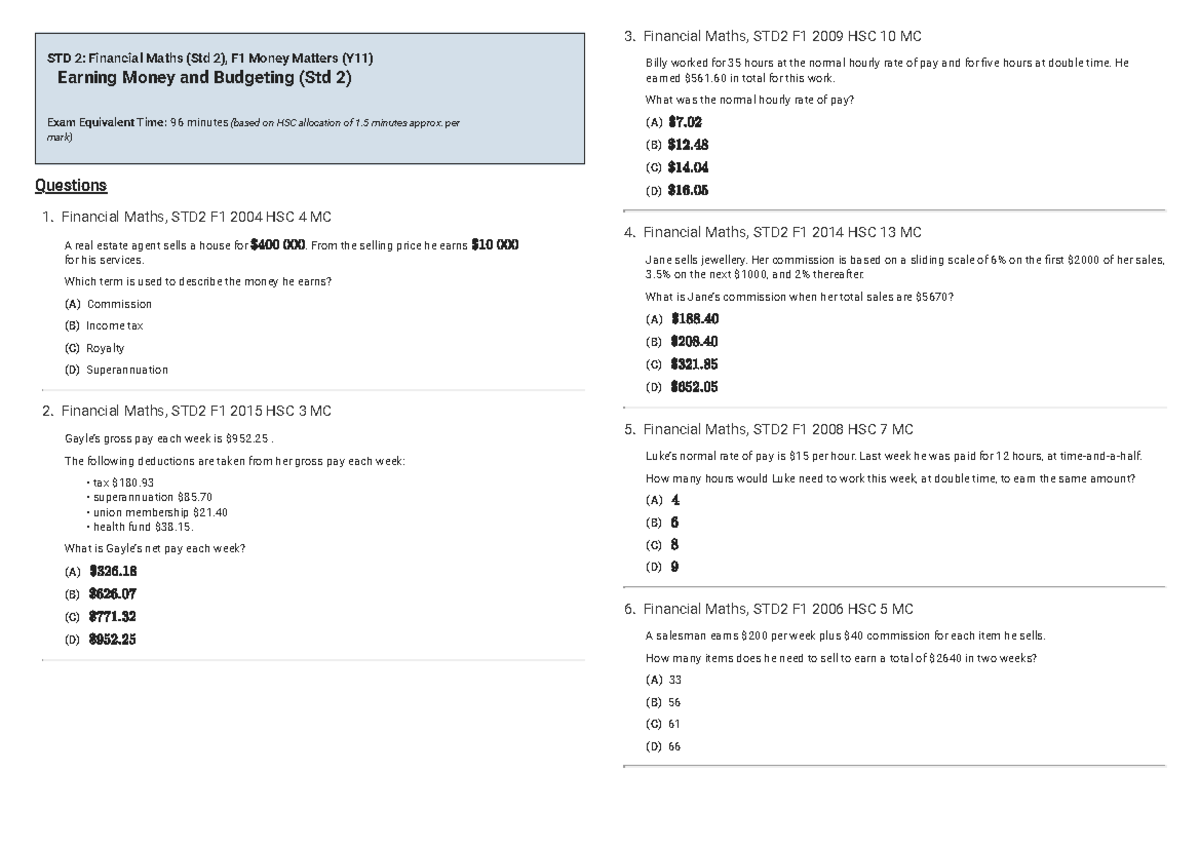 Financial Maths, STD2 F1: Earning Money & Budgeting Study Guide - Studocu