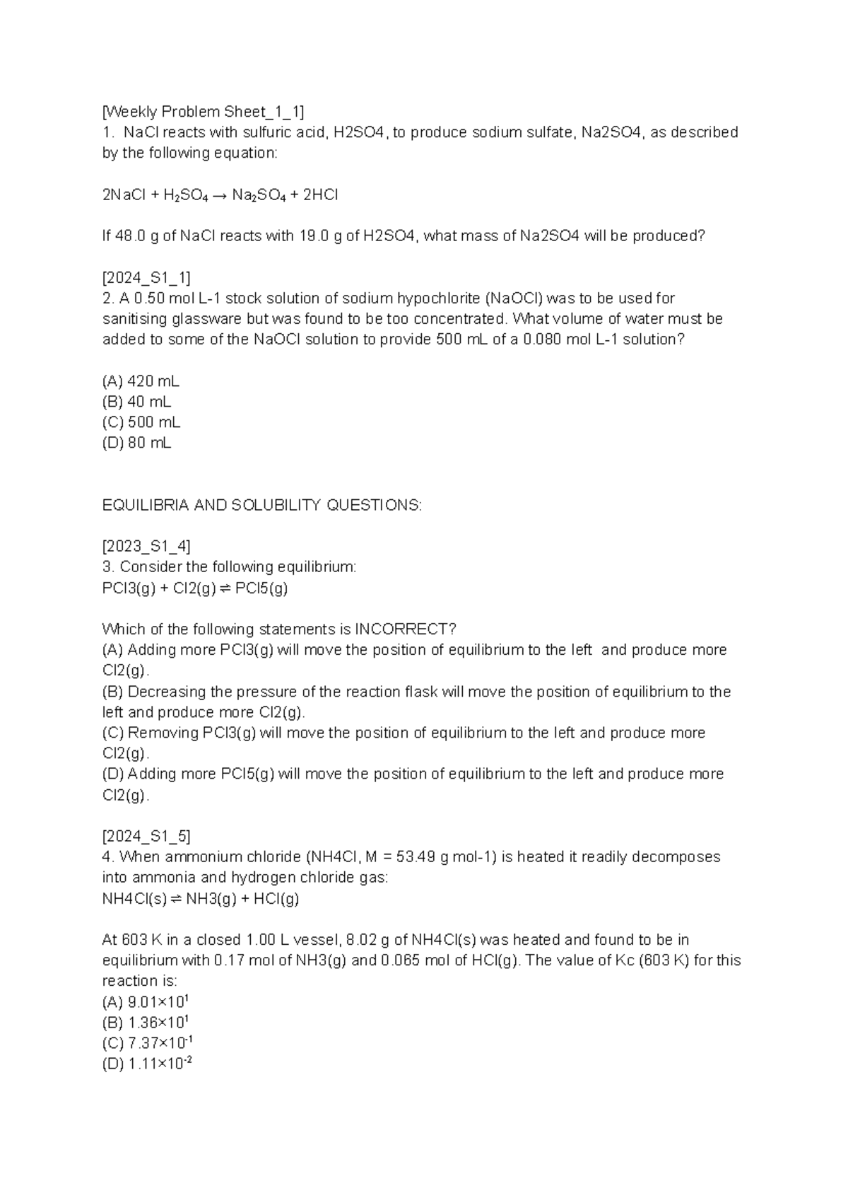 Weekly Problem Sheet 2024 S1 - Chemistry Concepts - Studocu
